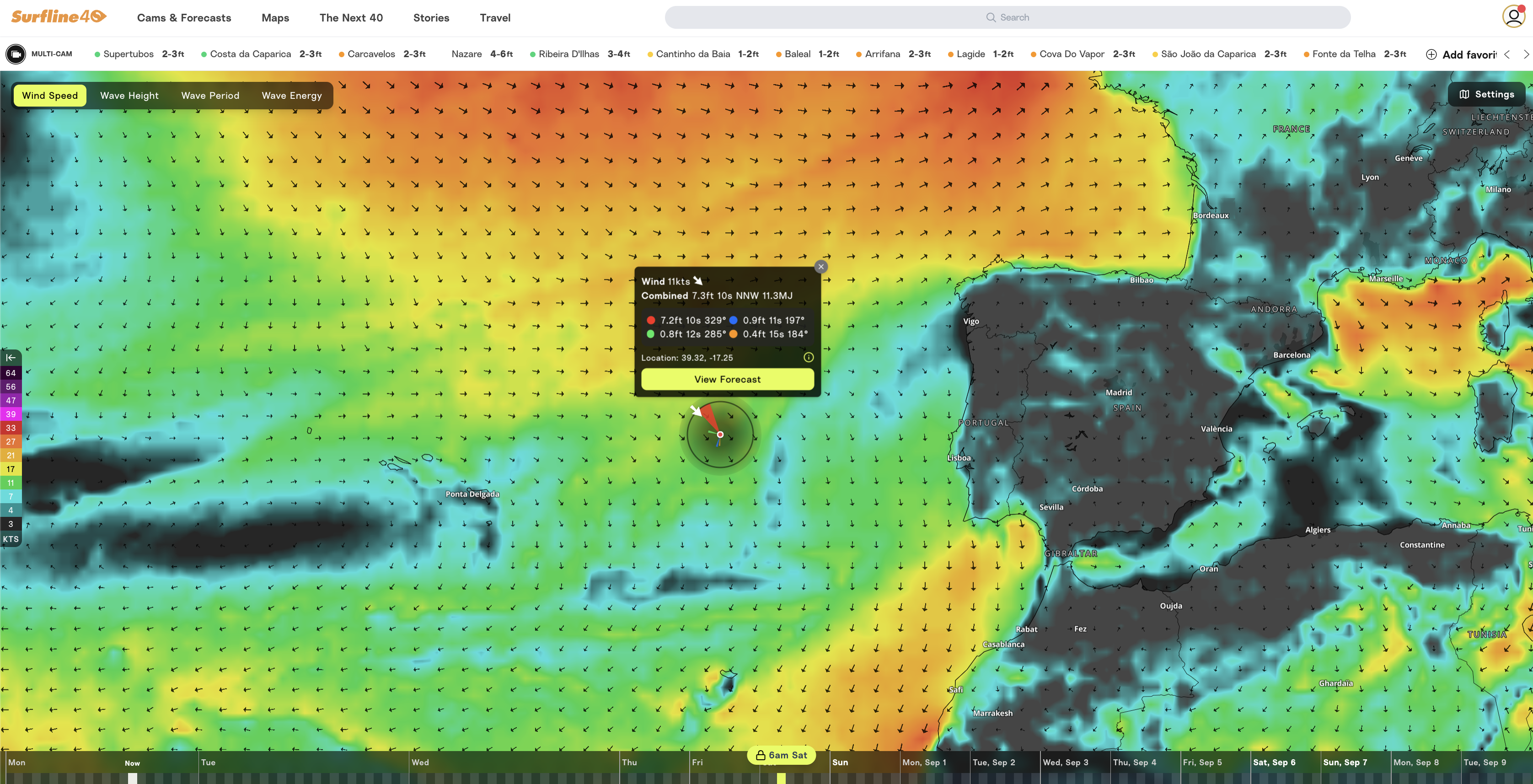 Surfline Charts: map of wave height, period, wind and swell components ...